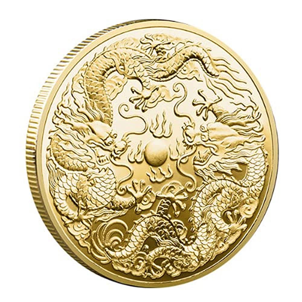 Chinese Traditional Dragon Phoenix Coin, Commemorative Badge Collection Coin for Couple (Gold)