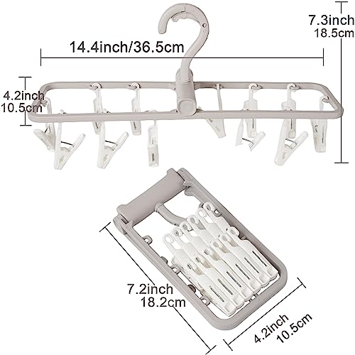 Foshine Clothes Drying Racks 2 Pack Grey Colour Small Folding Portable Underwear Hangers with Clips Socks 12 Clips 360° Rotatable Hook for Drying Towels Bras Baby Clothes Gloves Plast