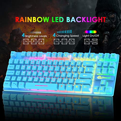 Gaming Keyboard and Mouse Combo,88 Keys Compact Rainbow Backlit Mechanical Feel Keyboard,RGB Backlit 6400 DPI Lightweight Gaming Mouse with Honeycomb Shell for Windows PC Gamers (Blue)
