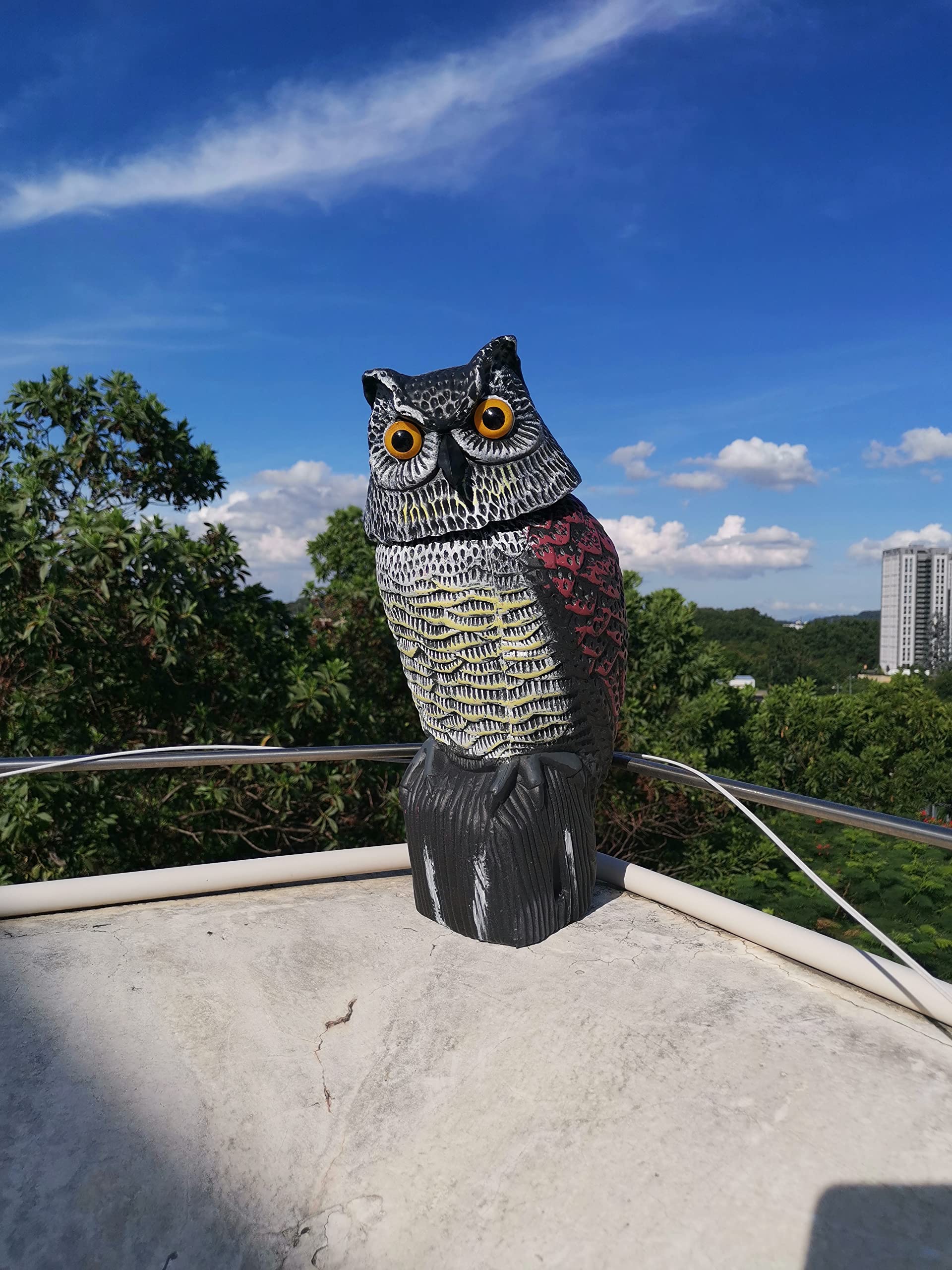 CLEYCYE Fake Owl Scarecrow Sculpture with Rotating Head for Outdoor Garden Yards