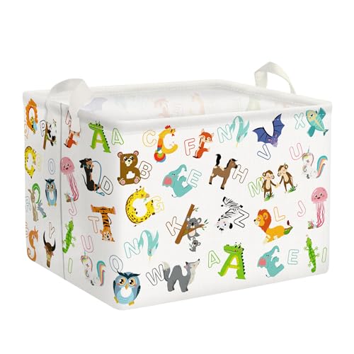 Clastyle Colorful Animal Alphabet Shelf Basket Elephant Owl Unicorn Storage Bin for Kids Rectangle Clothes Book Toy Cube Storage Basket, 36L