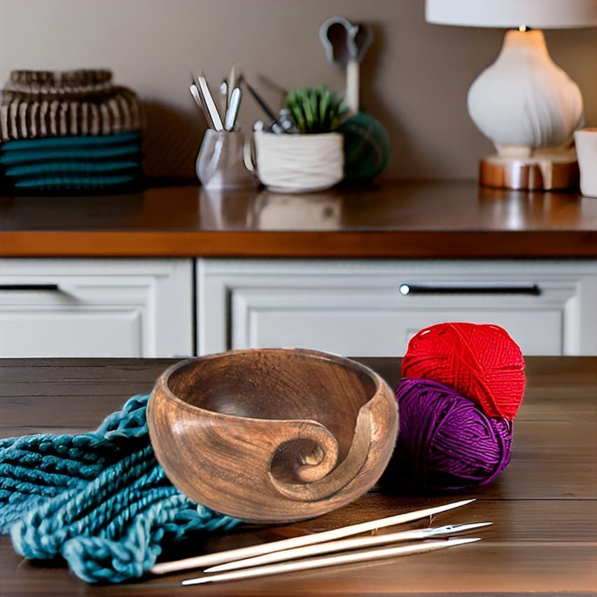 Earthly Home Wooden Yarn Bowl Handmade Yarn Bowl with Holes for Crocheting and Knitting Christmas Gift Crochet Accessories 5.5" x 3"