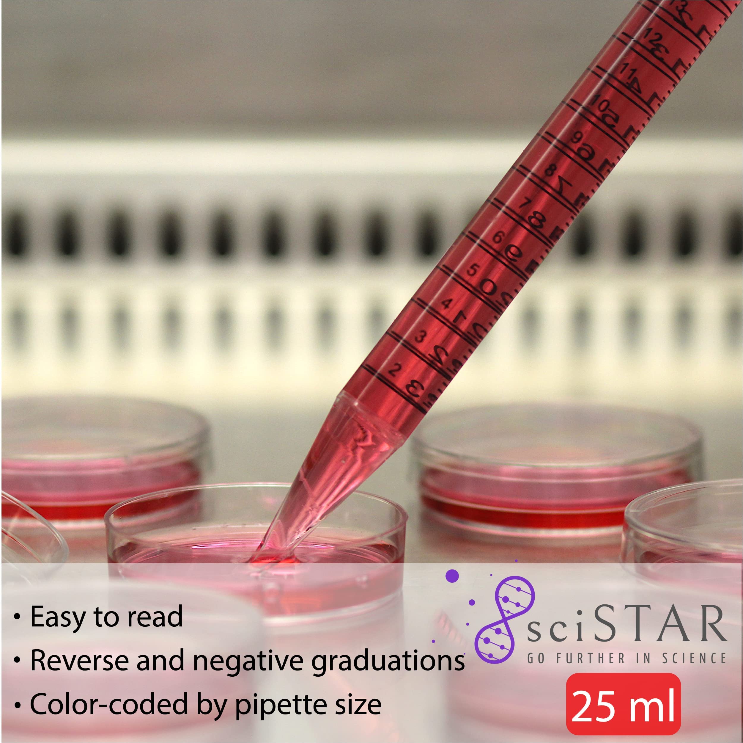 SciStar 25mL Disposable Polystyrene Serological Pipettes, Individually Wrapped, Sterile, Standard Length, Laboratory Grade, (Case of 100)