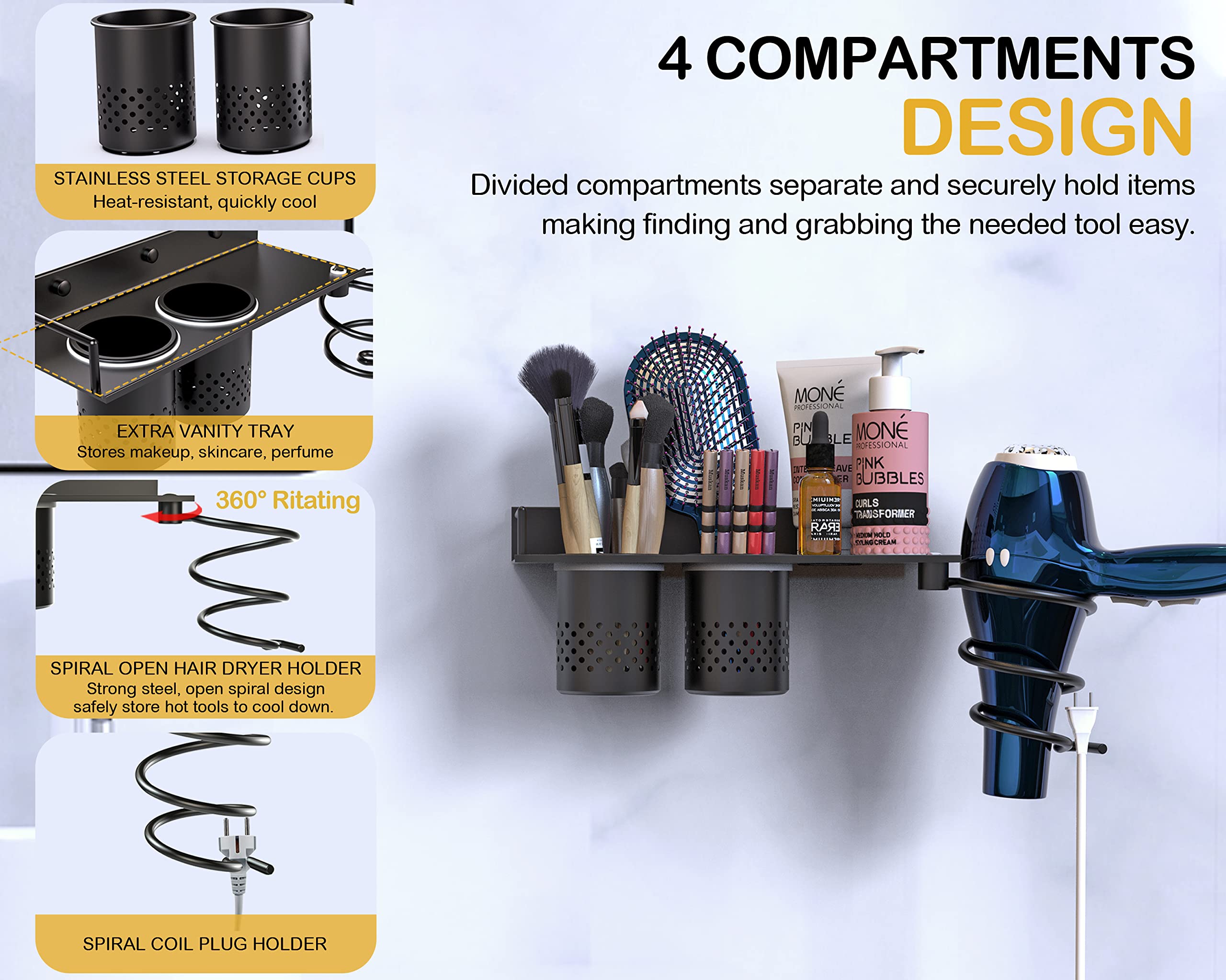 MyLifeUNIT Hair Dryer Holder, Hair Tool Organizer Wall Mounted with 2 Cups, Bathroom Blow Dryer Holder Shelf, Hair Styling Tools Organizer