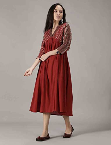 FIDOZA Women's Rayon Printed Anarkali Embroidery Kurti | Pakistani Style Rayon Printed Kurti For Women | Ready to wear (Maroon, S)