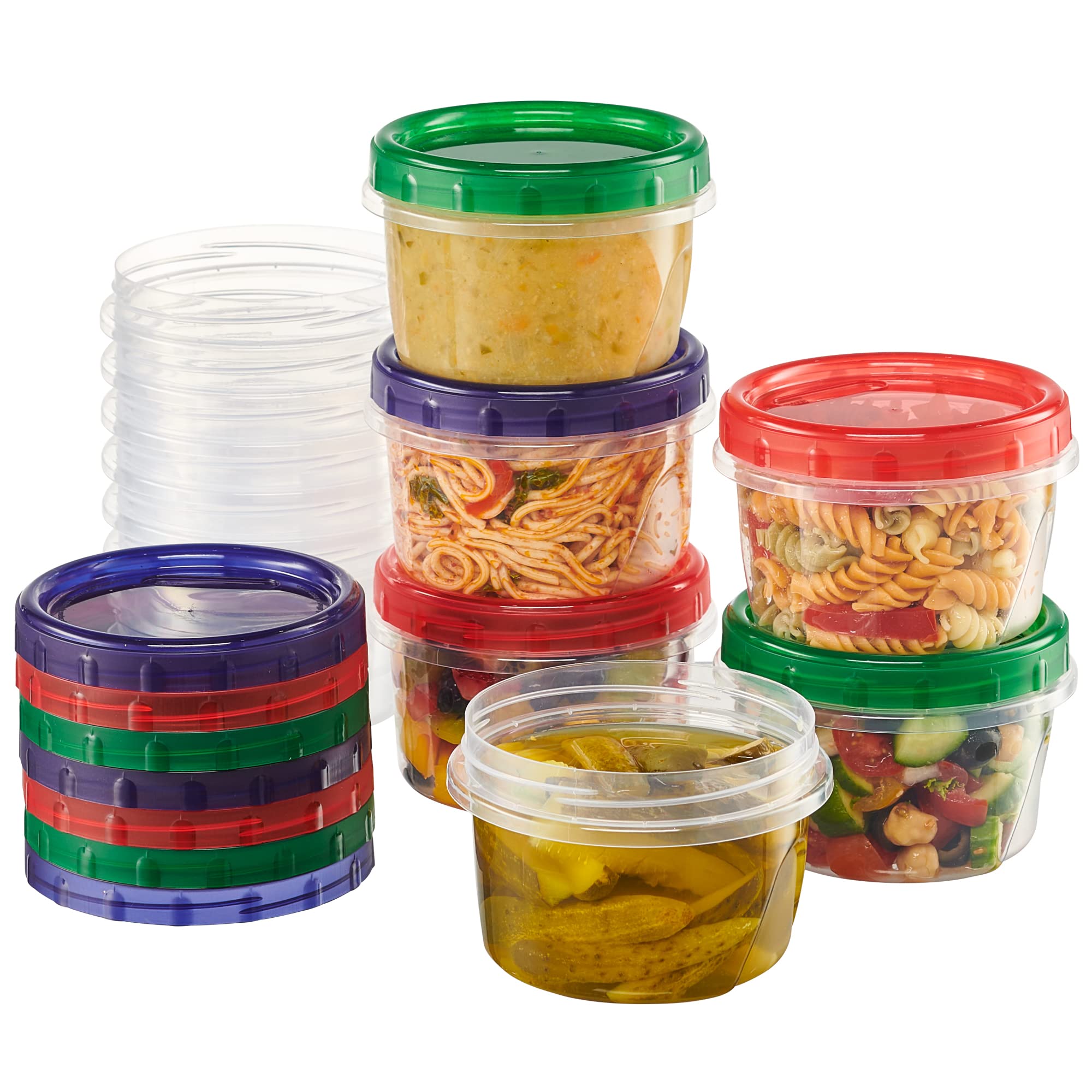 ELEGANT DISPOSABLES Twist Top Food Storage Containers 16 oz 12 Pack Plastic Freezer Storage Containers Leakproof Reusable with Screw on Colored Lids