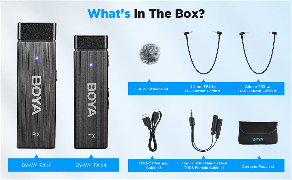 BOYA BY-W4 Wireless Lavalier Microphone Ultracompact 2.4GHz Cordless Clip On Microphones System for Cameras DSLR Smartphone Video Recording Interview YouTube Streaming (4 Transmitters & 1 Receiver)