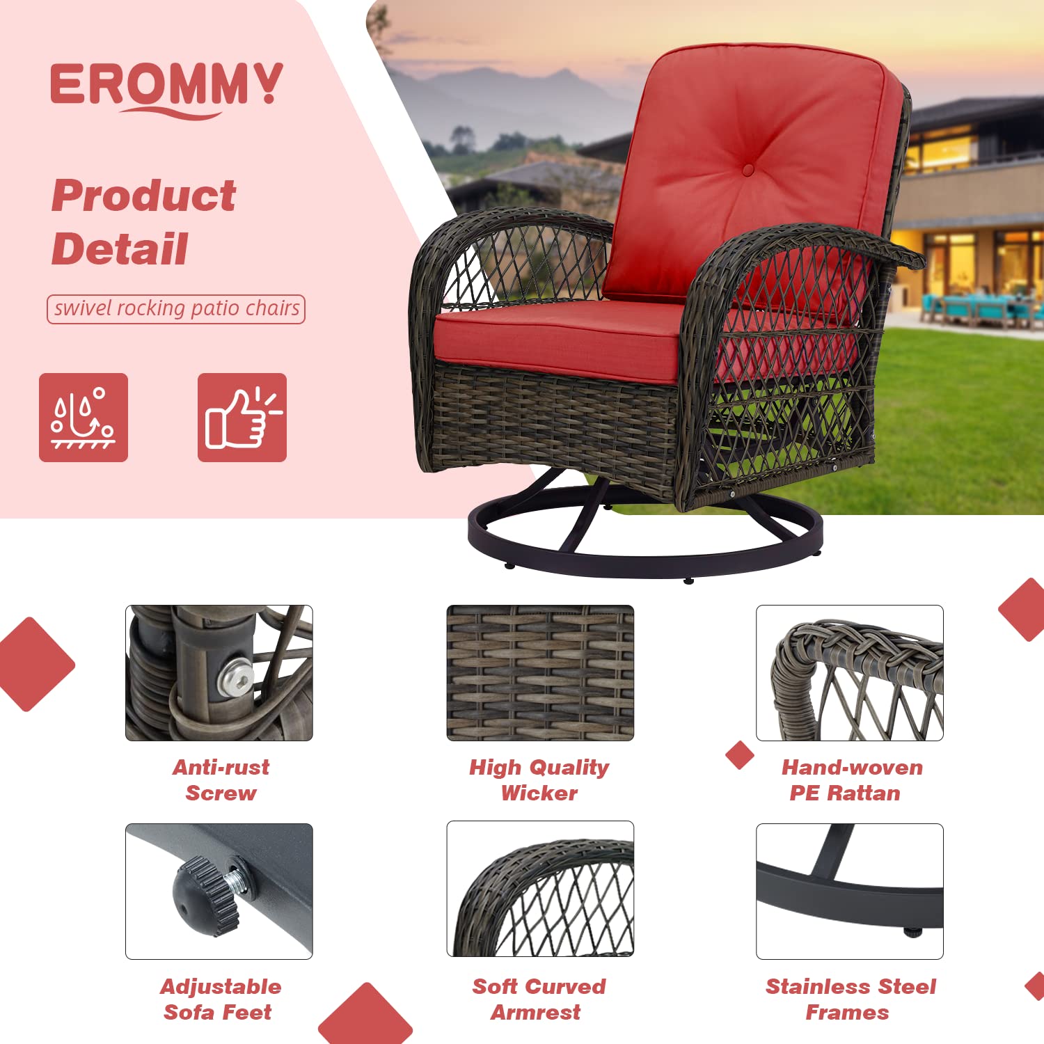 EROMMY 3 Pieces Outdoor Swivel Rocker Patio Chairs, 360 Degree Rocking Patio Conversation Set with Thickened Cushions and Glass Coffee Table for Backyard, Wine Red