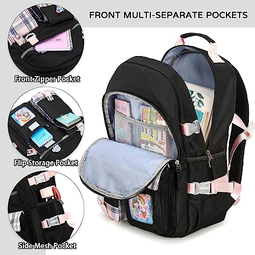 Hey Yoo Cute Backpack for School Backpack for Girls Backpack with Lunch Box Bookbag Set Kids Backpacks for Teen Girls (Black)