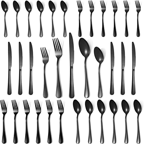 Lazycorner 30 Pcs Black Silverware Set for 6, Food Grade Stainless Steel Flatware Set Include Fork/Knife/Spoon, Mirror Polished Eating Utensils Sets, Durable Silverwear Cutlery Set, Dishwasher Safe