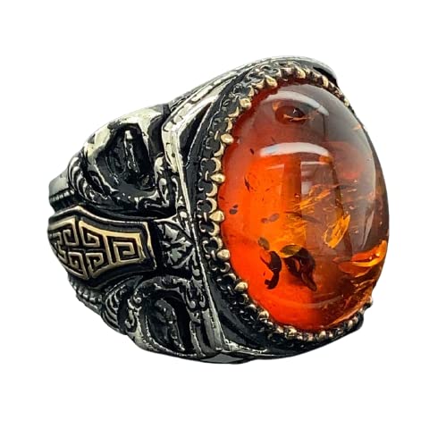 Mens Handmade Ring, Amber Stone Ring, Honey Amber Ottoman Mens Ring, Natural Stone, Men Ring, Gift for Him, 925k Sterling Silver Ring