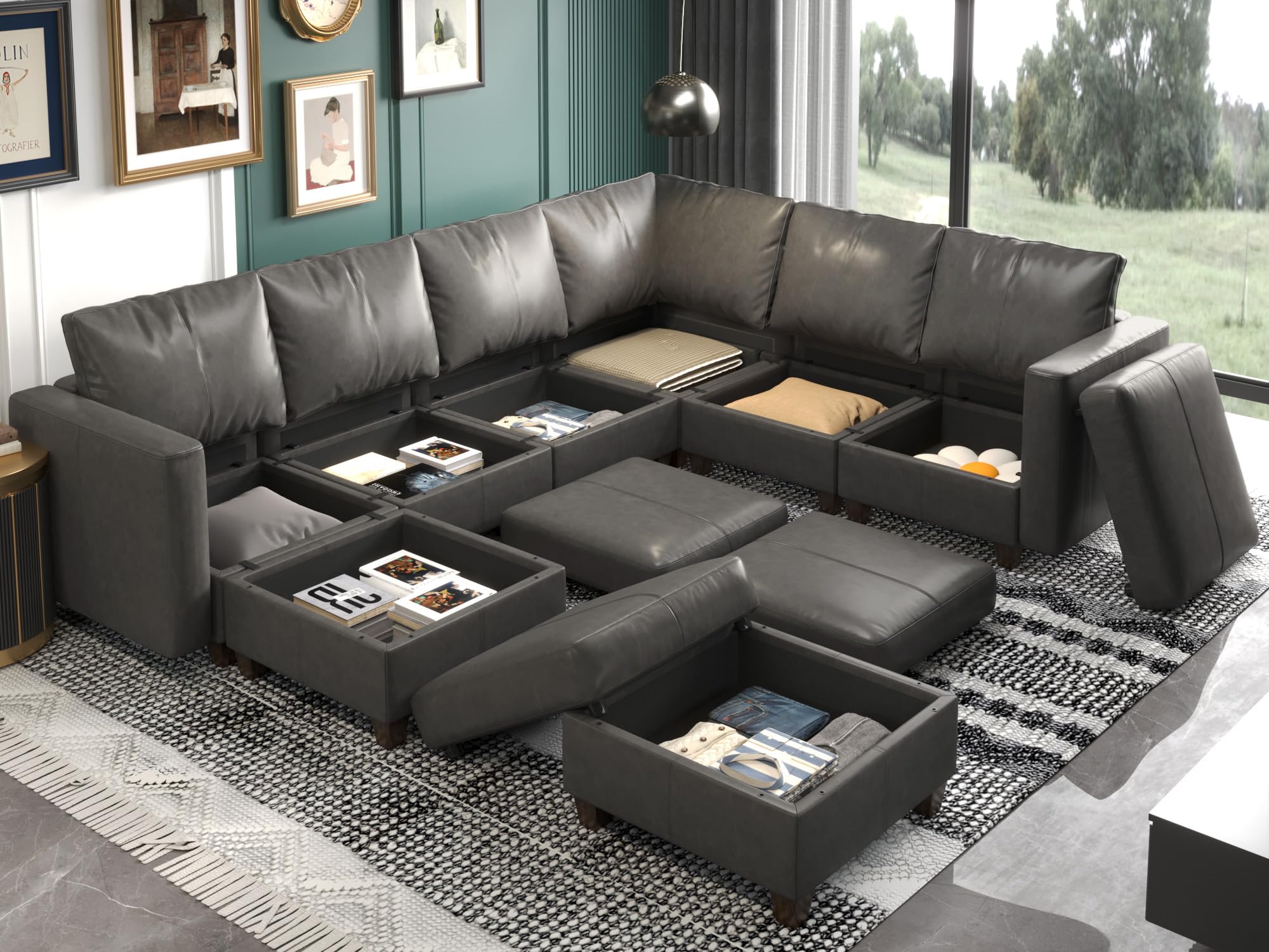 EASE MOOSE Modular Sectional Sofa with Storage, U Shaped Sectional Faux Leather Sectional Couch Large Sectional Sofa, Grey