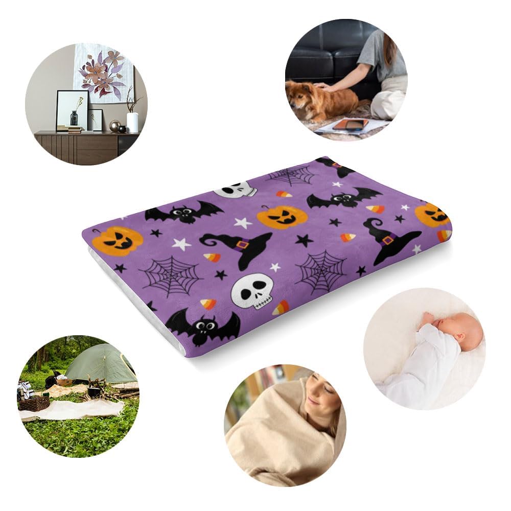 Halloween Throw Blanket for Couch and Bed Spider Webs Witch's Hat Black Bats and Decorated Pumpkins Print on Soft Blanket for Kids and Adult