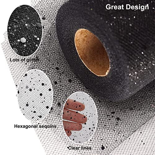 Glitter Tulle Rolls, 6β by 50 Yards (150FT) Sparkling Tulle Spool Ribbon Sequin Tulle Netting Fabric for Tutu Skirt Wedding Birthday Baby Shower (Black)