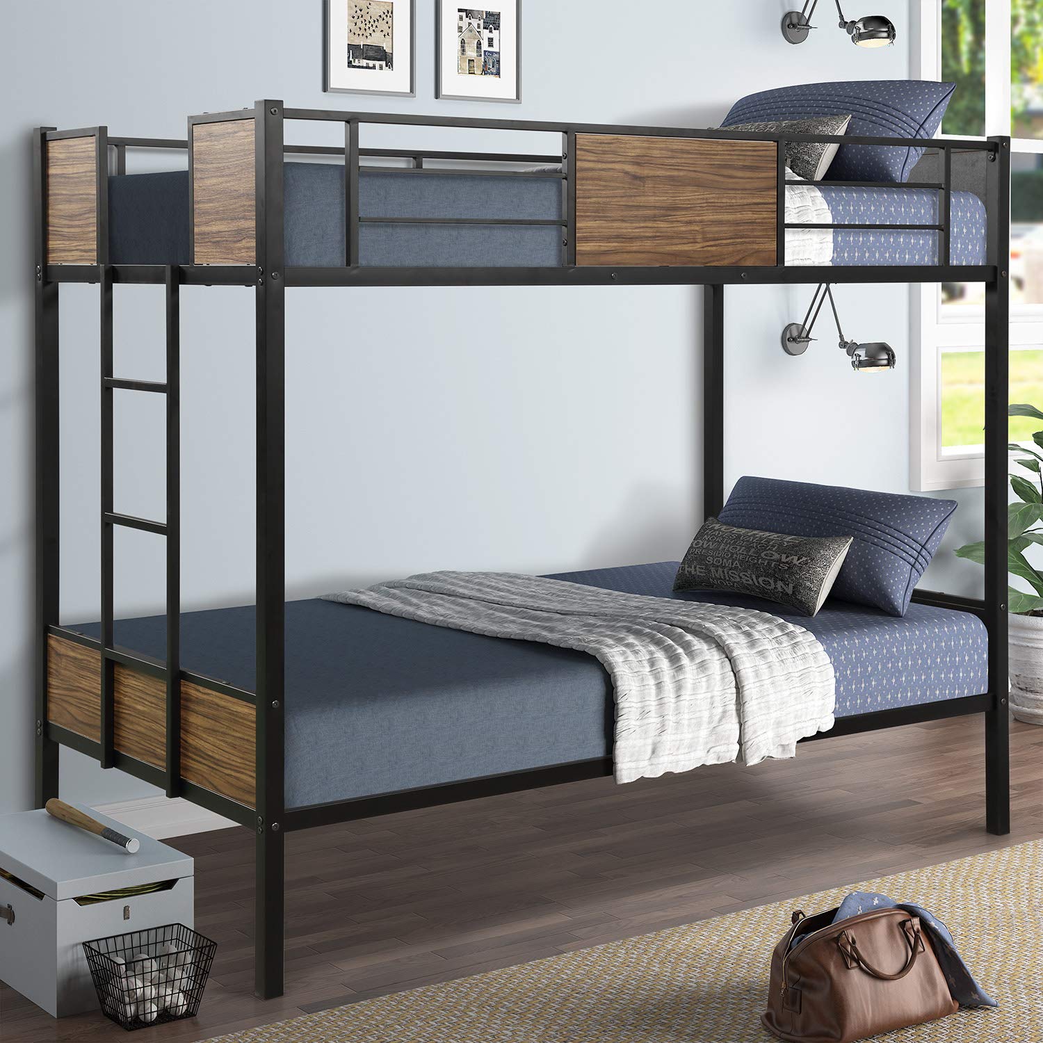 Twin over Twin Metal Bunk Bed, Modern Style Heavy-Duty Steel Frame Bunk Bed with Safety Rail, Built-in Ladder for Bedroom, Dorm, Boys, Girls, Adults (Black + Brown)