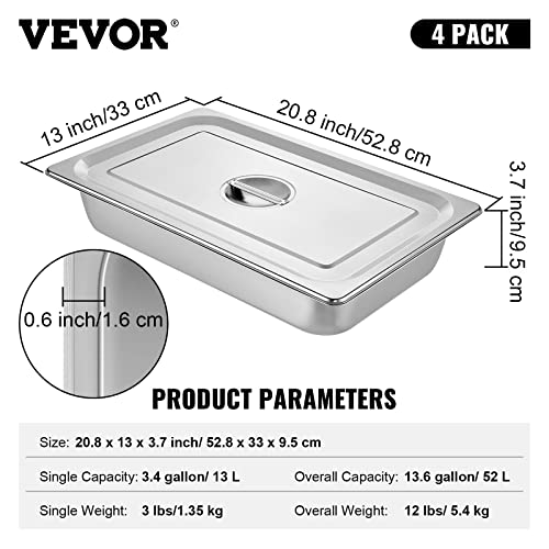 Mophorn 4 Pack Hotel Pan 3.7" Deep Steam Table Pan Full Size with Lid 20.8" L x 13" W Hotel Pan 22 Gauge Stainless Steel Anti Jam Steam Table Pan
