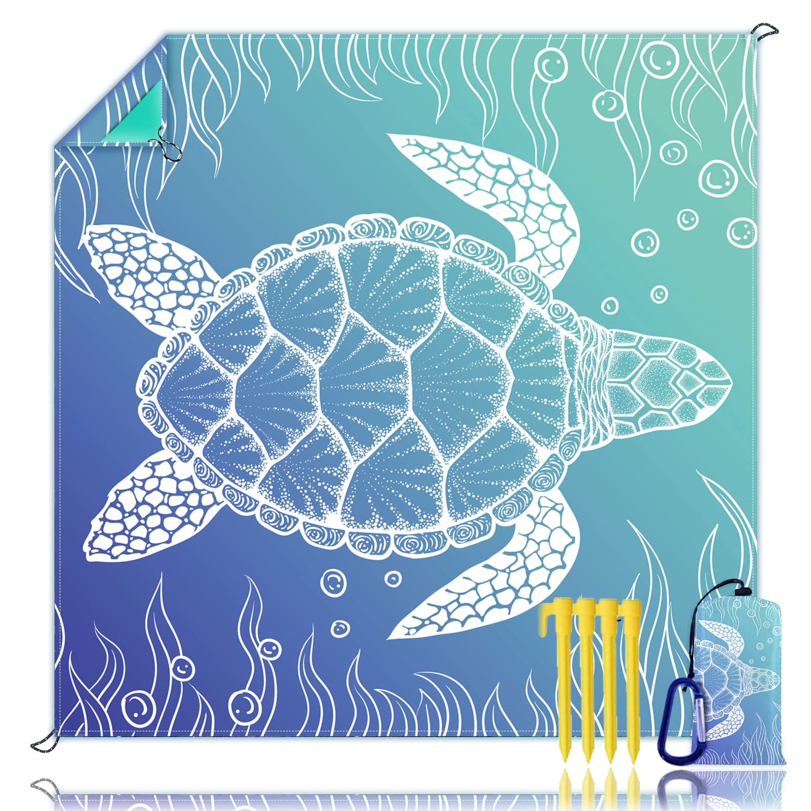 Beach Blanket, Waterproof Sandproof Beach Mat Oversized 79 X 83 Inch for 4-6 Adults, Lightweight Picnic Blanket, Portable Picnic Mat for Outdoor Travel Camping Hiking with 4 Stakes & 4 Corner Pocket
