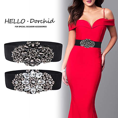 Dorchid Women Rhinstone Belt Full Crystal Buckle Cummerbund Wide Elastic Waistband 7 Colors Black