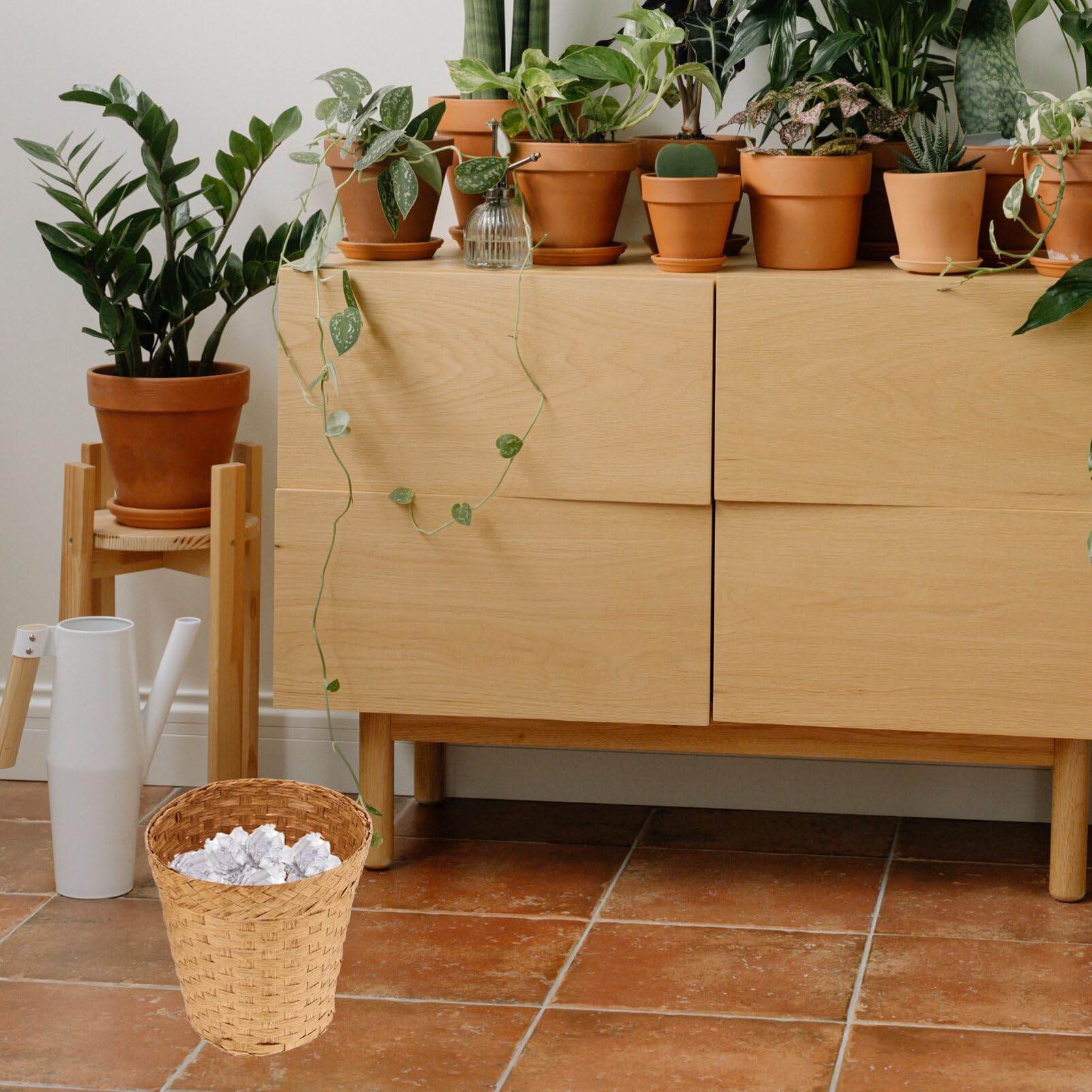 DEARMAMY Wicker Trash Can - Woven Wicker Waste Basket Round Rattan Waste Paper Bin Office Garbage Can Rubbish Basket Laundry Hamper for Kitchen Home Office