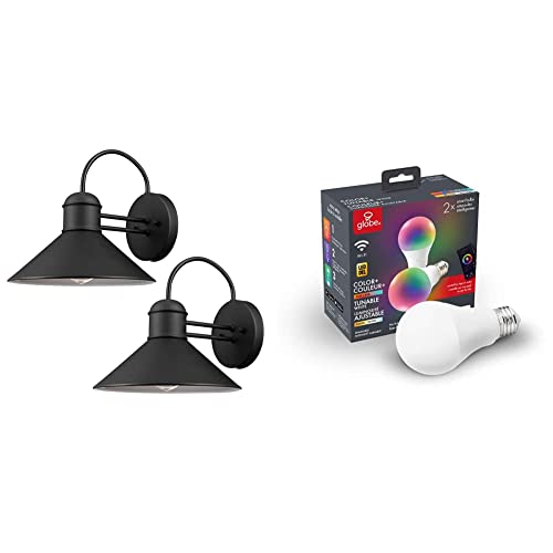 Globe Electric 44165 Sebastien 1-Light Black Outdoor Wall Sconce, 2-Pack + 34207 Wi-Fi Smart 10W (60W Equivalent) Multicolor Changing RGB Tunable White Frosted LED Light Bulb 2-Pack