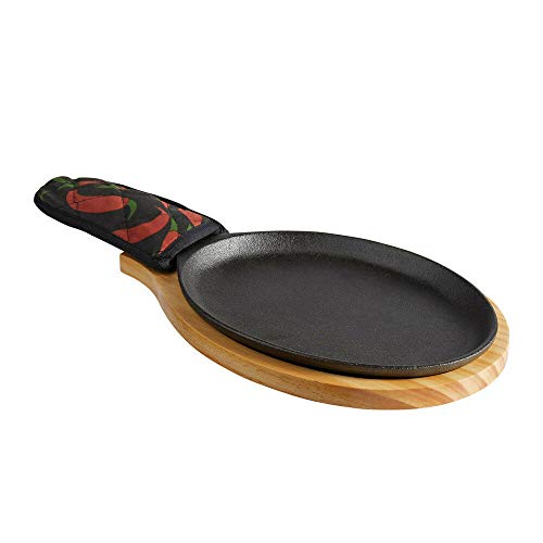 Choice 9 1/4" x 7" Oval Cast Iron Fajita Pan Set with Wood Serving Underliner (Black)