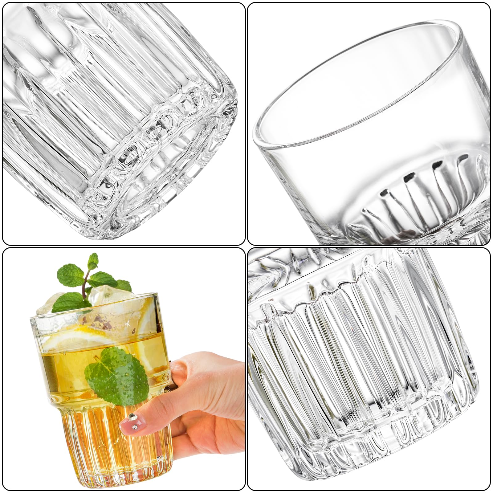 DEAYOU 6 Pack Drinking Glasses Set, 12 OZ Clear Striped Iced Tea Water Glass Cup, Stackable Rocks Glasses, Thick Tempered Glass Tumbler with Heavy Base for Juice, Milk, Cocktail, Spirits, Daily Use