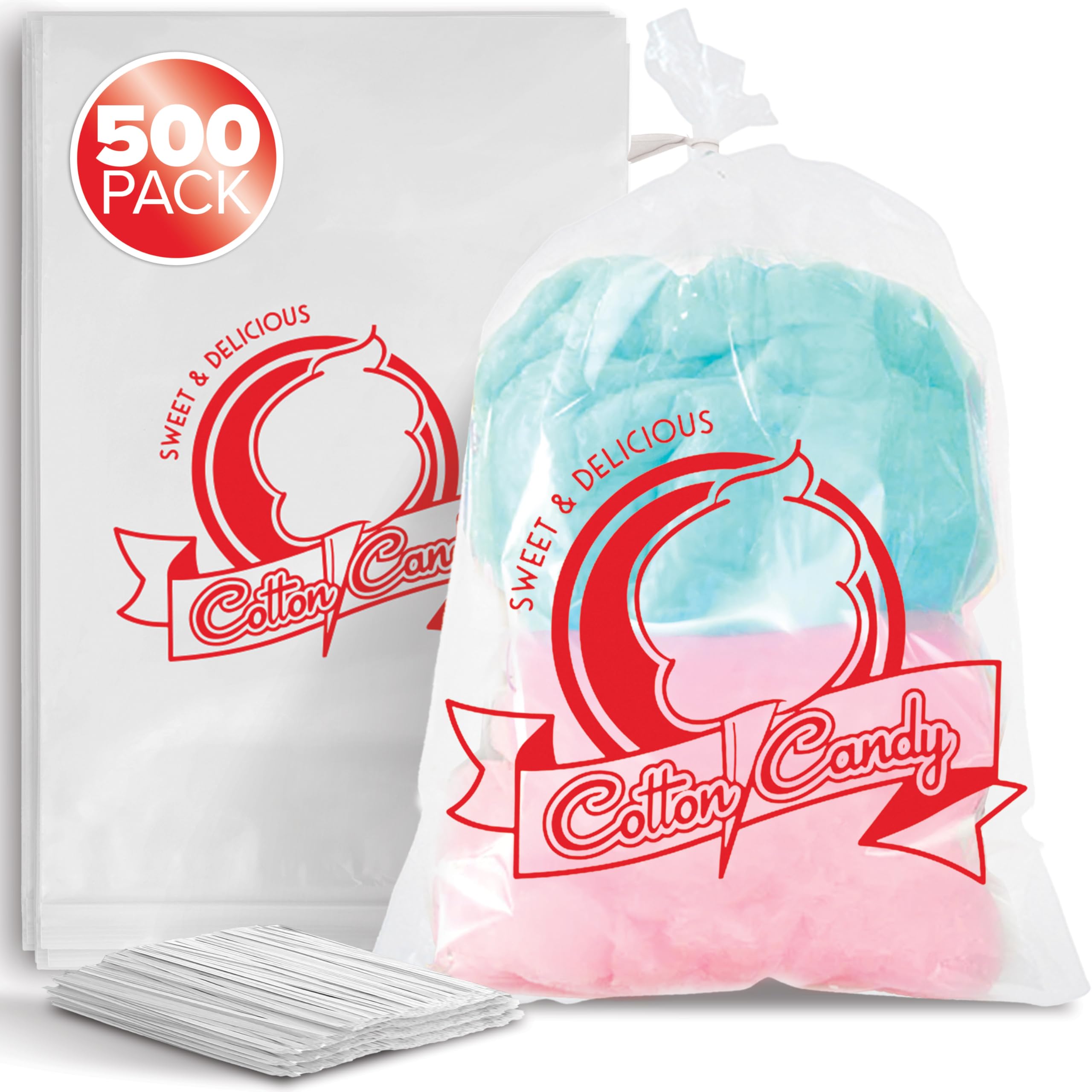 Clear Cotton Candy Bags with Ties, Bulk 500 Count, Cotton Candy Supplies Perfect for Cotton Candy Sticks and Cotton Candy Cones, Cotton Candy Bulk Individual Bags for Cotton Candy Stand Accessories