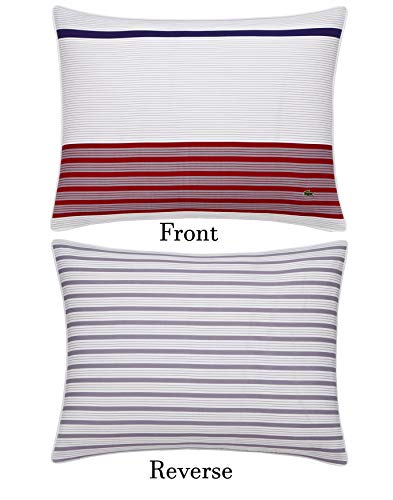 Lacoste 3-Piece Milady Cotton Duvet Cover Set, Reversible Stripes, Red, Full/Queen