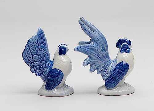 Fine Ceramic Dutch Blue Country Farmhouse Rooster & Hen Salt & Pepper Shakers Set, 3-1/2" H
