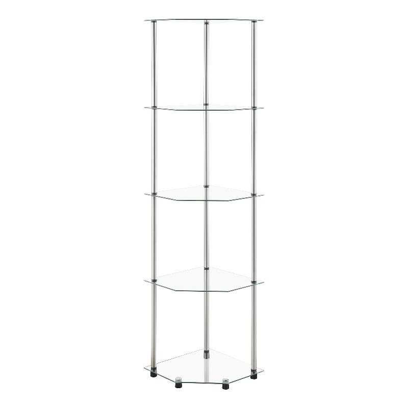 Casafoyer Designs2Go Classic Glass Five-Tier Corner Tower|Clear Tempered Glass Shelves|Stainless Steel Legs|Easy Assembly|60.25" Height