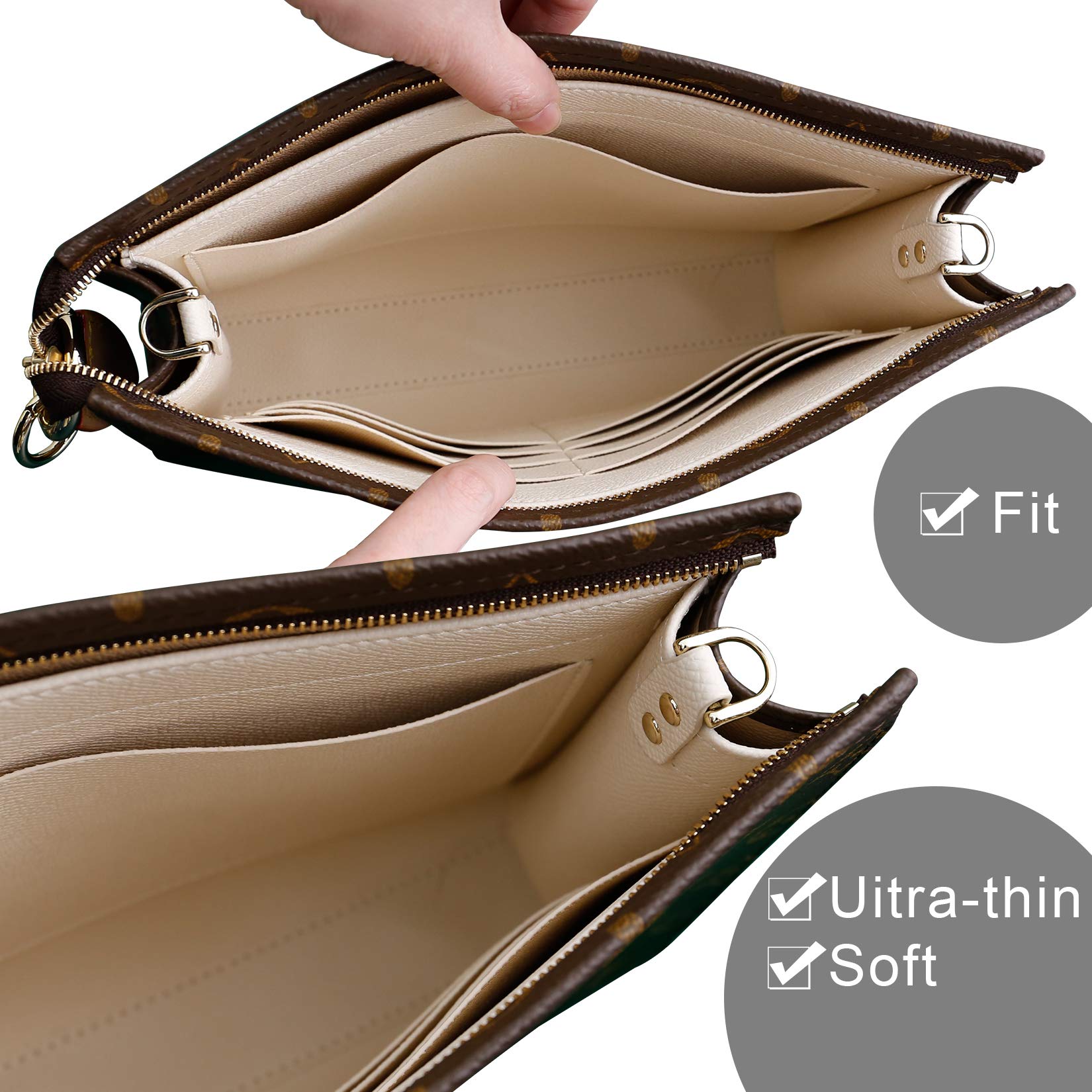 OAikor Upgraded Purse Insert Organizer Bag Fit Toiletry Pouch 26 Premium Microfiber Leather with D Rings, Waterproof Bag Insert for lv Pouch 26 Khaki (Large-26, Beige)
