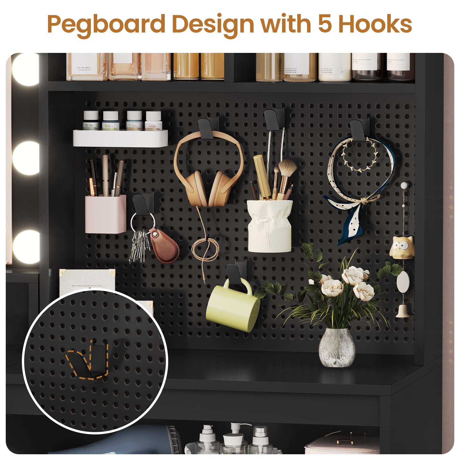 BTHFST Large Vanity Desk with Mirror and Lights & Charging Station, Makeup Vanity with Hollywood Mirror & DIY Pegboard, 5 Hooks, Makeup Desk with 5 Large Drawers & Shelves, White