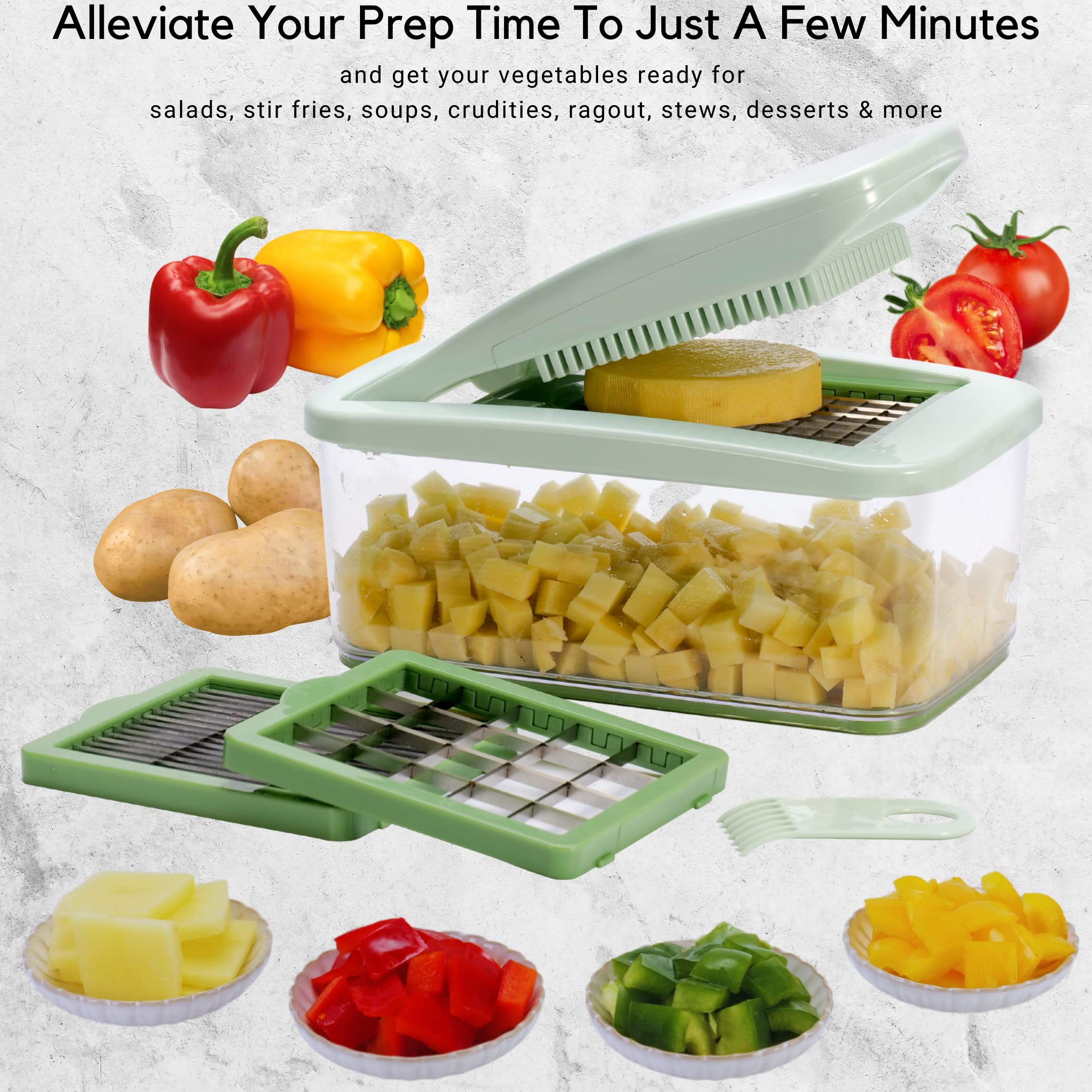 Brieftons QuickPush Food Chopper: Vegetable Chopper Dicer Slicer, Onion Chopper Vegetable Cutter, 3 Extra-Large Blades with 200% More Cutting Area to Chop Dice Slice Vegetables, 2.6-Quart Container