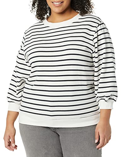 Amazon Essentials Women's French Terry Fleece Sleeve Detail Crewneck Sweatshirt, Black White Stripe, Large