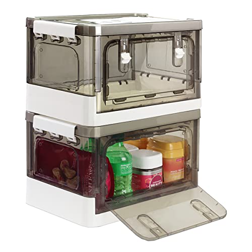 EZOWare 15 Quart Stackable Lidded Plastic Storage Bins with Front Opening and Wheels, 2 Pack Foldable Organizer Cube Box Containers with Latch Lid - White and Clear Gray