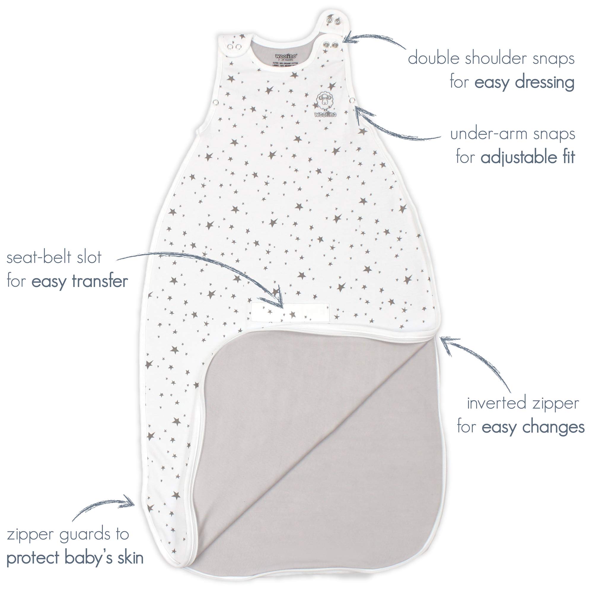 Woolino Toddler Sleeping Bag, 4 Season, Merino Wool and Organic Cotton Baby Wearable Blanket, 2-4 Years, Lilac