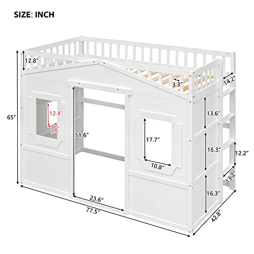 Harper & Bright Designs House Loft Bed Twin Kids Playhouse Bed, Solid Wood Loft Bed Frame with Window and Ladder, for Girls Boys (Twin Size, White)