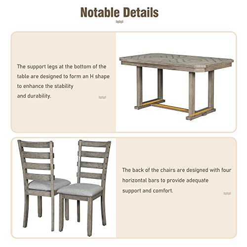 Merax 6-Piece Rubber Wood Dining Table Set with 4 Cushioned Chairs and Bench, Beautiful Grain Pattern Tabletop, Light Gray-6pcs
