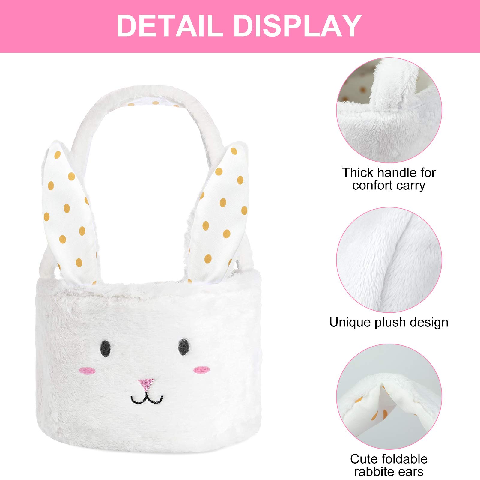 Easter Basket for Toddlers Babies, Cute Fluffy Bunny Basket with Foldable Ears, Easter Baskets Bags for Easter Egg Hunts, Plush Personalized Easter Basket Empty for Kids Girls Boys Gifts, White