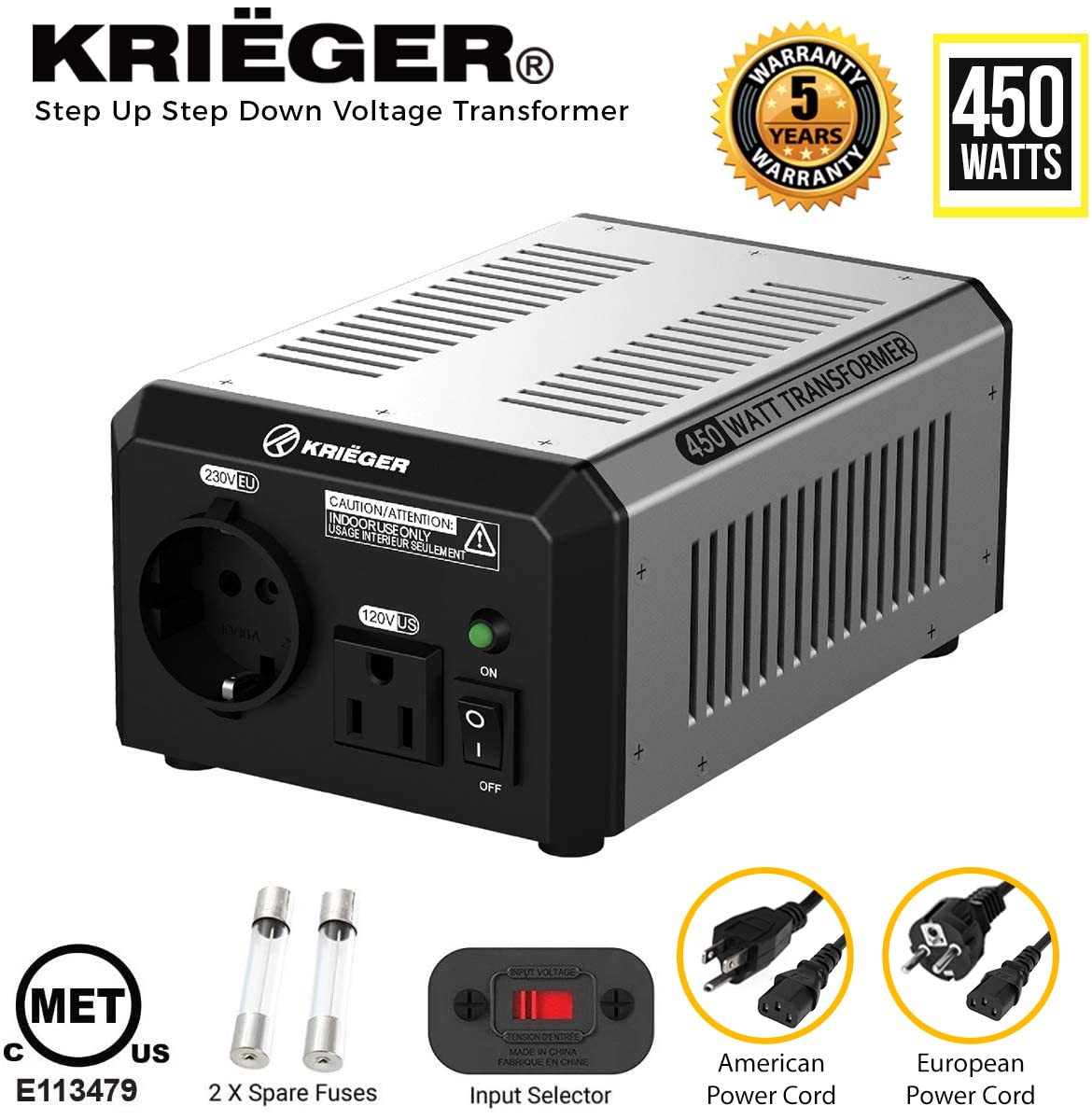 Krieger 450 Watt Voltage Transformer, 110/120V to 220/240V Step Up Step Down Voltage Converter with AC Outlets, MET Approved Under UL, CSA
