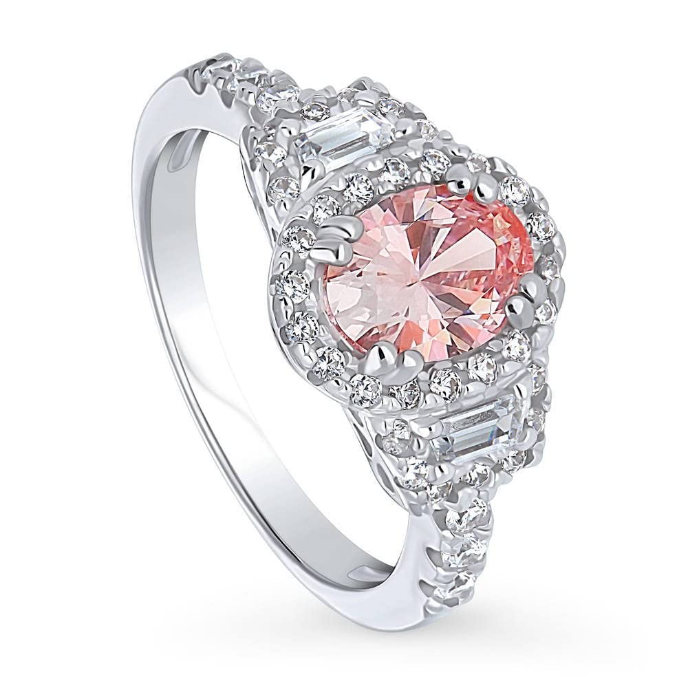 BERRICLE Sterling Silver 3-Stone Morganite Color Oval Cut Cubic Zirconia CZ Halo Fashion Ring for Women, Rhodium Plated Size 9