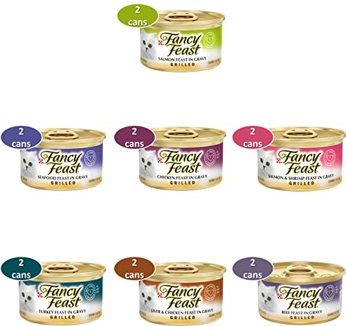 Fancy Feast Grilled Wet Canned Food Bundle, Variety Pack: 07 Flavors(02each) Pack of 14 cans.Plus Mouse Toy and Booklet