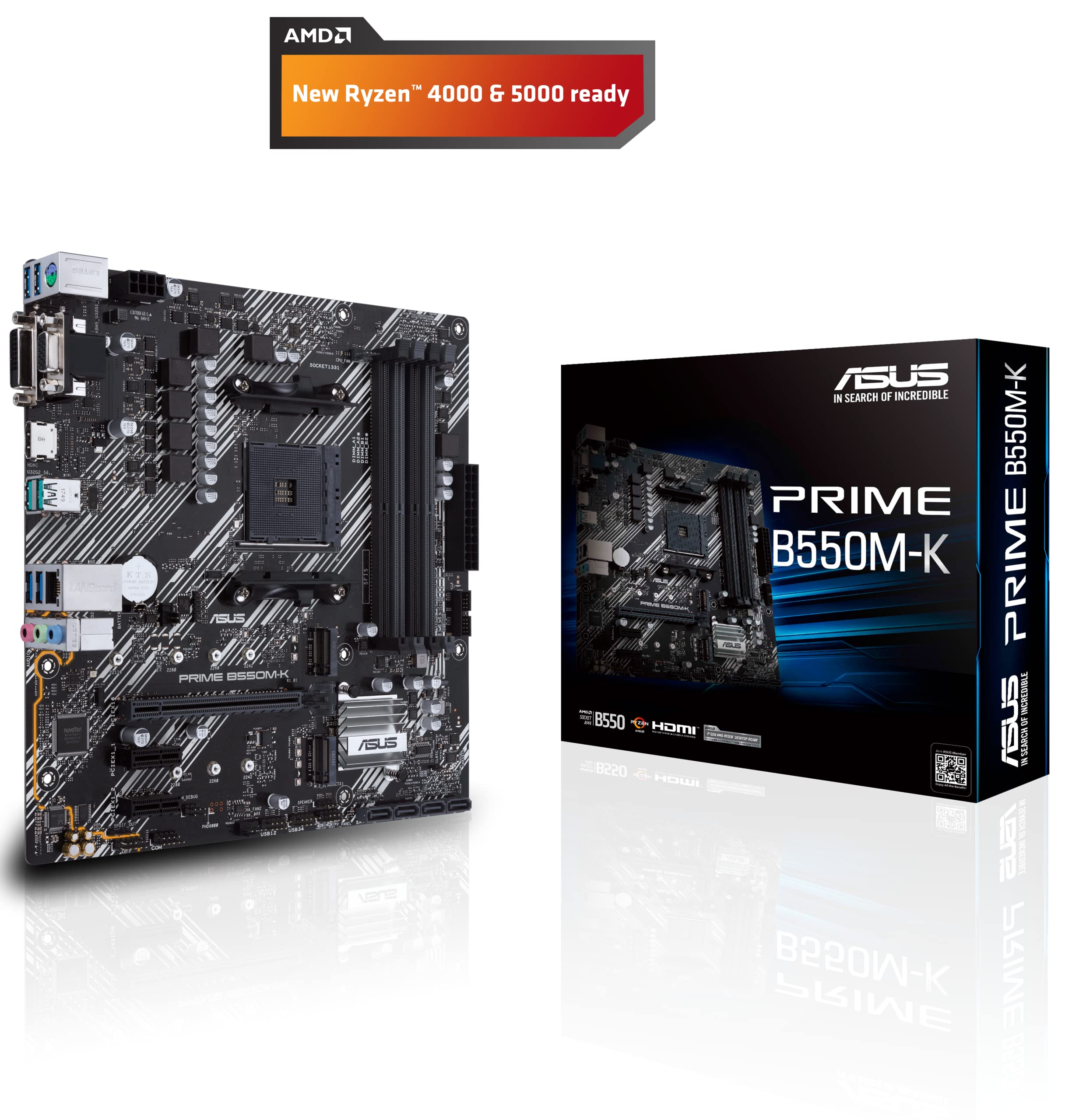 ASUS Prime B550M-K AMD AM4 Zen 3 Ryzen 5000 & 3rd Gen Ryzen Micro-ATX Motherboard (PCIe 4.0, ECC Memory, 1Gb LAN, Dual M.2, USB 3.2 Gen 2 Type-A,HDMI 2.1 4K@60Hz, DVI, D-Sub) Silver