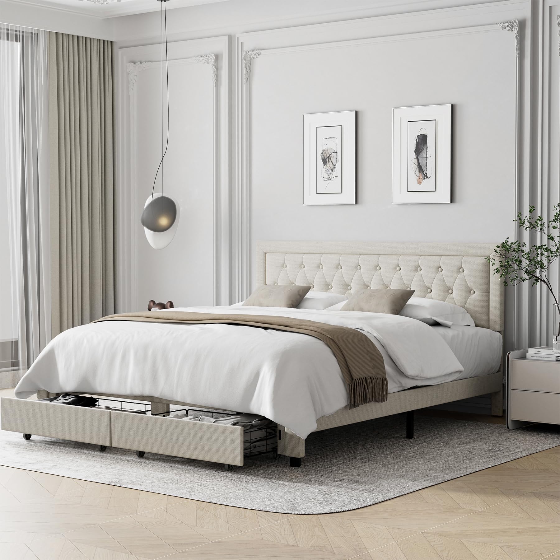 Keyluv Full Bed Frame with 2 Storage Drawers and Adjustable Headboard, High-End Fabric Platform Bed with Button Tufted, Wooden Slats No Box Spring Needed/Easy Assembly, Beige