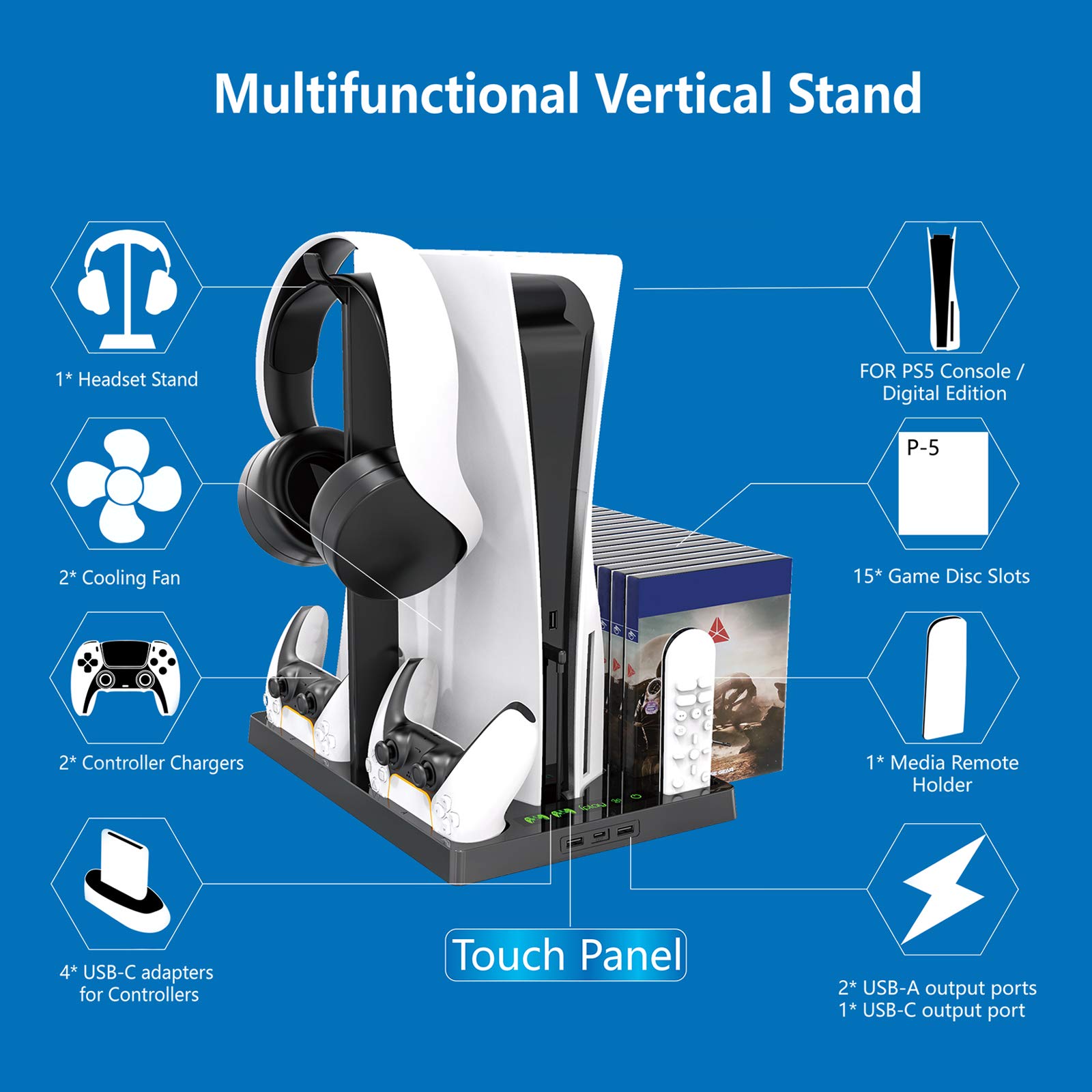 Vertical Stand with Headset Holder and Cooling Fan Base for PS5 Slim Console & Playstation 5 Accessories, Controller Charging Station Charger Dock for Disc Digital Edition, Game Slot Remote Organizer