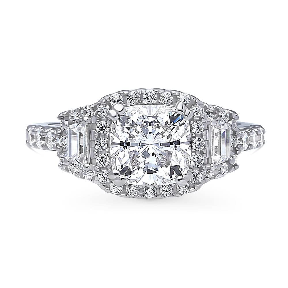 BERRICLE Sterling Silver 3-Stone Wedding Engagement Rings Cushion Cut Cubic Zirconia CZ Halo Ring for Women, Rhodium Plated Size 8