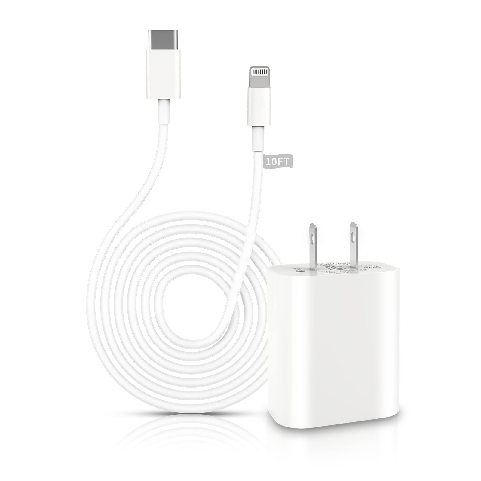 CREHAO iPhone Fast Charger, [MFi Certified] 20W PD USB C Wall Charger Block Plug with 10FT Extra Long Type C to Lightning Fast Charging Data Sync Cable Compatible for iPhone 14 13 12 11 XS XR X 8 iPad