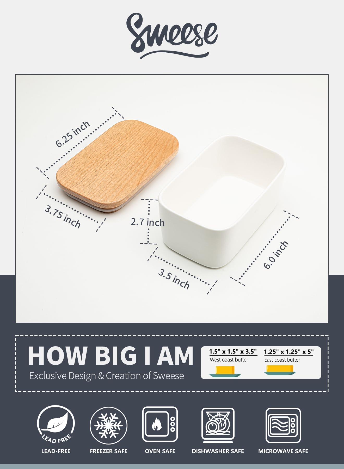 Sweese 303.101 Large Butter Dish - Airtight Butter Keeper Holds Up to 2 Sticks of Butter - Porcelain Container with Beech Wooden Lid, White
