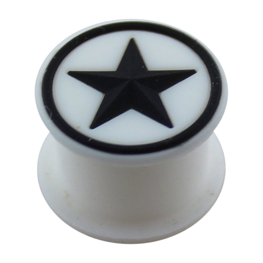 AtoZ Piercing 00 Gauge - 10MM Embossed Black Star in Circle on White Soft And Flexible Silicone Double Flared Ear Plug - Sold by Piece