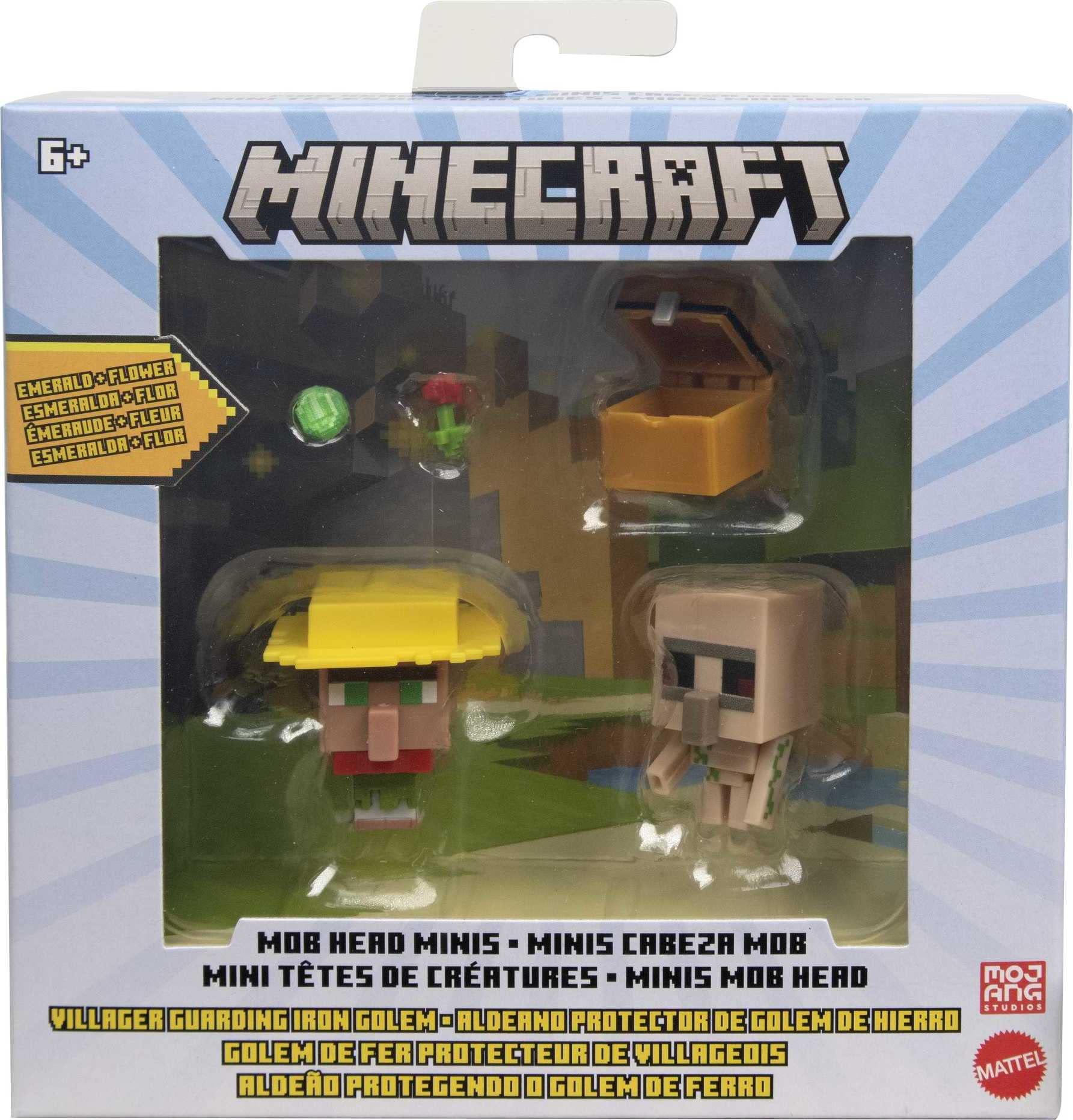 Minecraft Mob Head Minis Villager Guarding Iron Golem Pack with 2 Action Figures & Accessories, Incudes Authentic Pixelated Video-Game Characters Steve & Spider, Age 6 Years & Older
